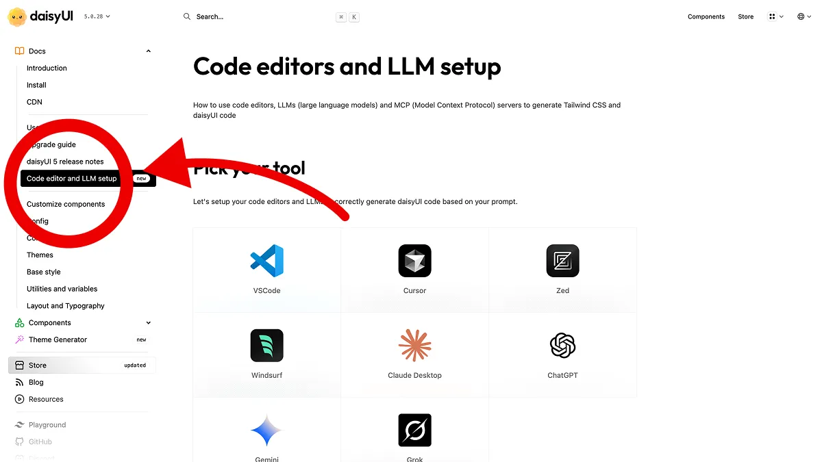 Code editors and LLM setup — daisyUI Tailwind CSS Component UI Library